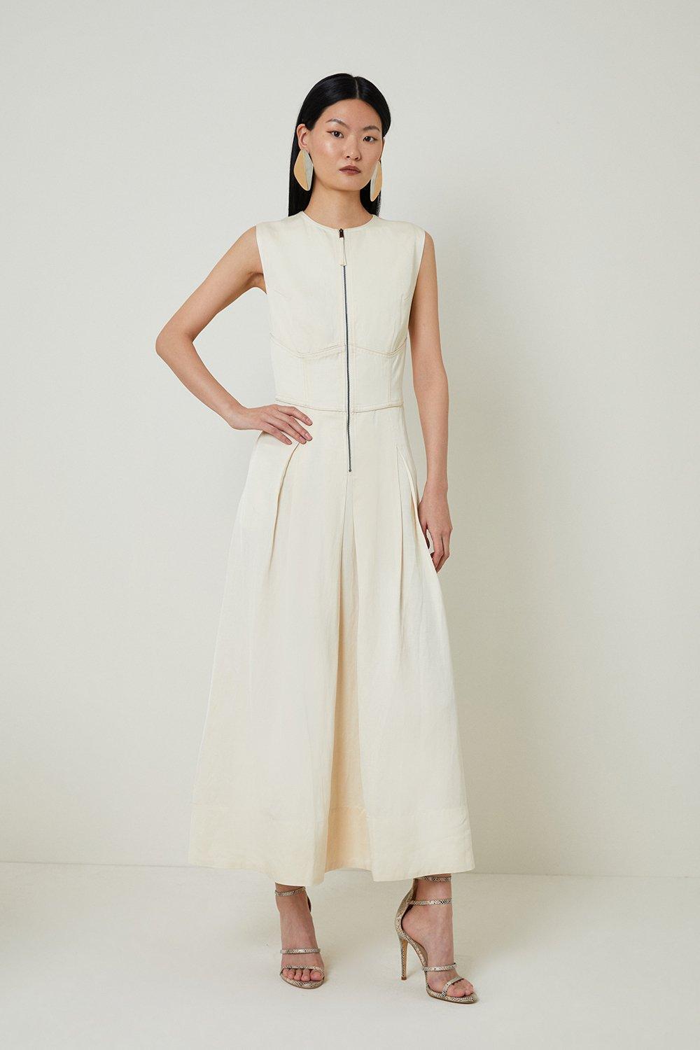 KAREN MILLEN Petite Premium Linen Twill Woven Sleeveless Maxi Dress in ...