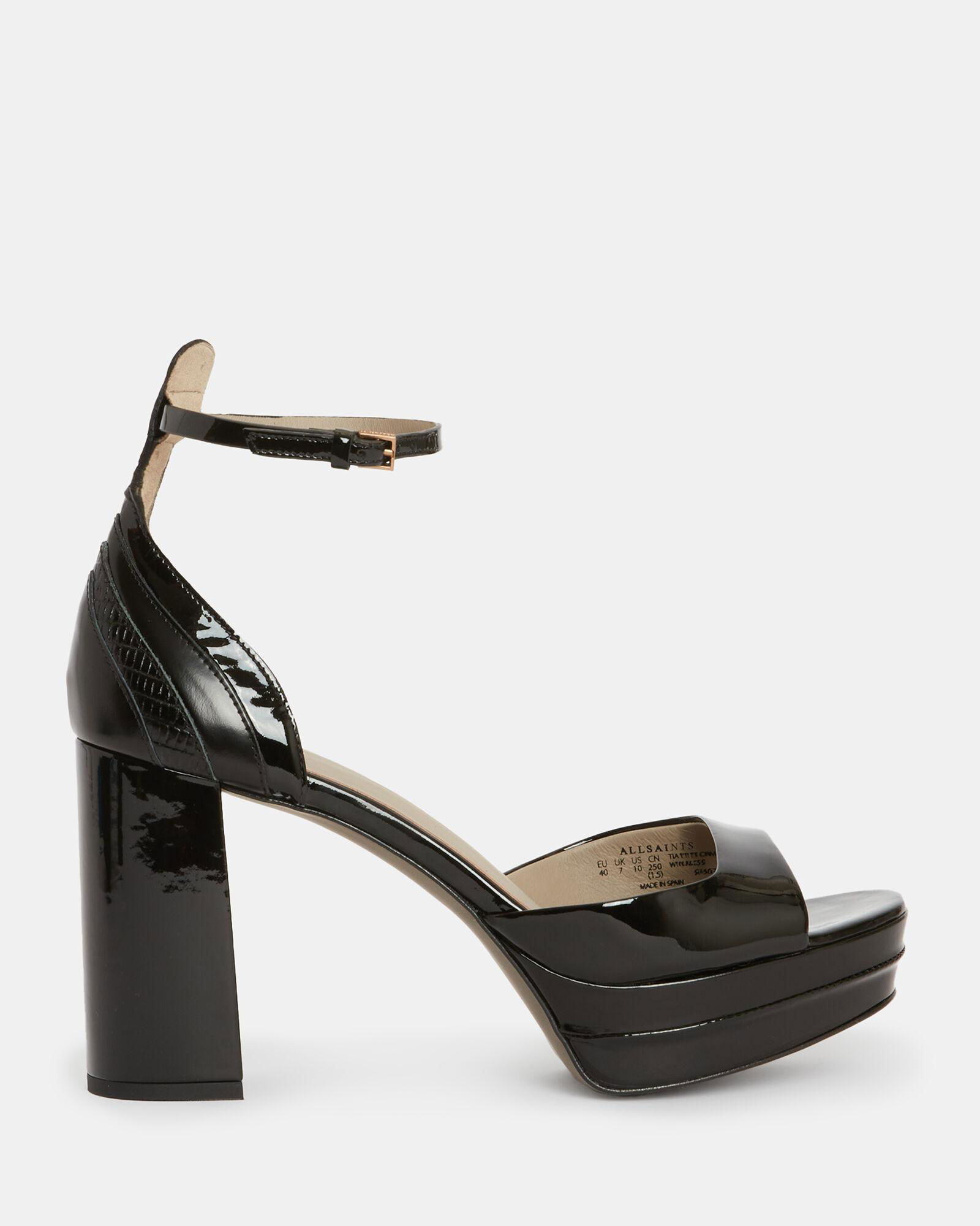 ALLSAINTS Tia Metallic Square Toe Platform Heels in Black Shine | Endource