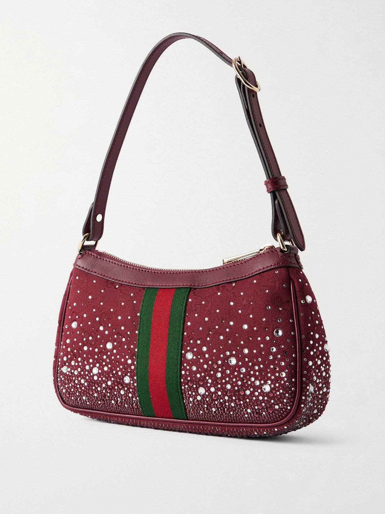 GUCCI Ophidia Crystal-embellished Leather-trimmed Canvas-jacquard ...