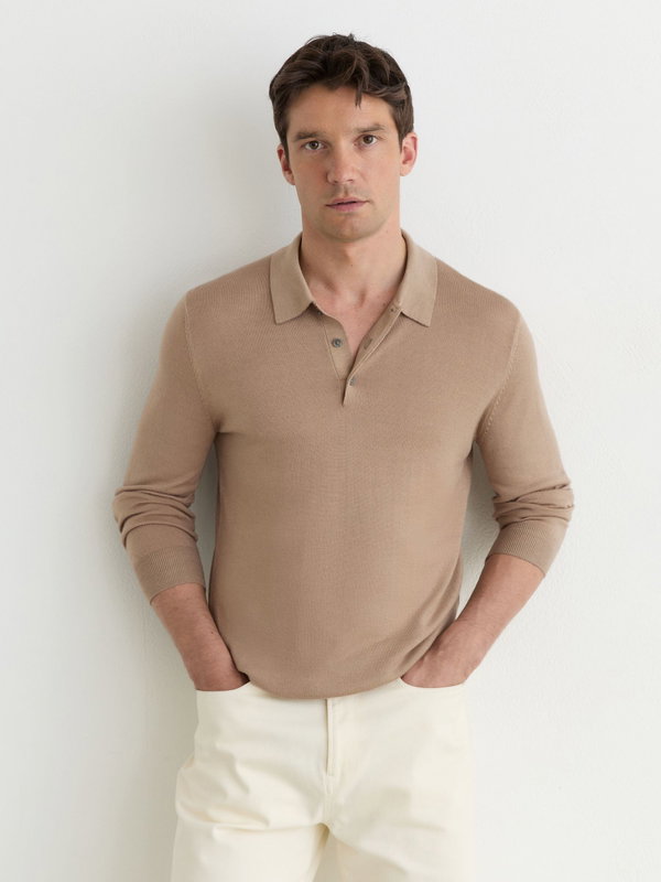 REISS Jay Pigment-Dyed Merino Wool Long-Sleeve Polo In Taupe Brown ...
