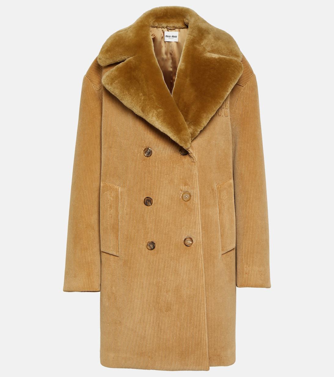 MIU MIU Shearling-Trimmed Corduroy Coat in Brown | endource