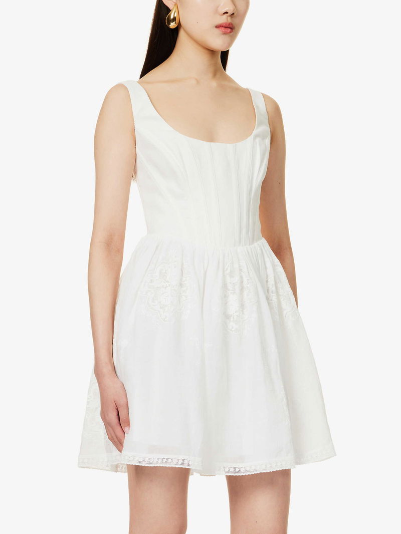 Zimmermann Broderie Trim Corset Bodice Ramie Mini Dress In Ivory Endource