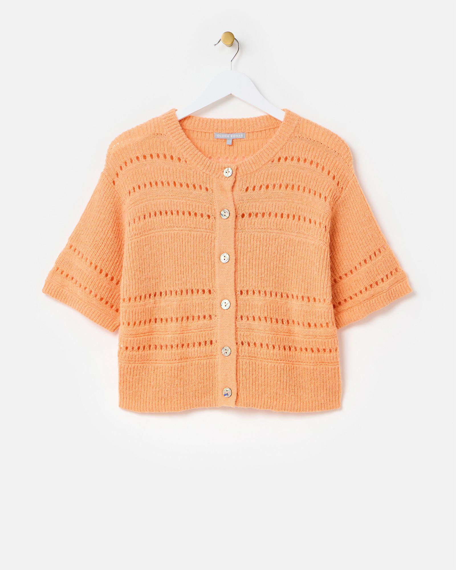 OLIVER BONAS Pointelle Short Sleeve Cardigan in Orange | endource
