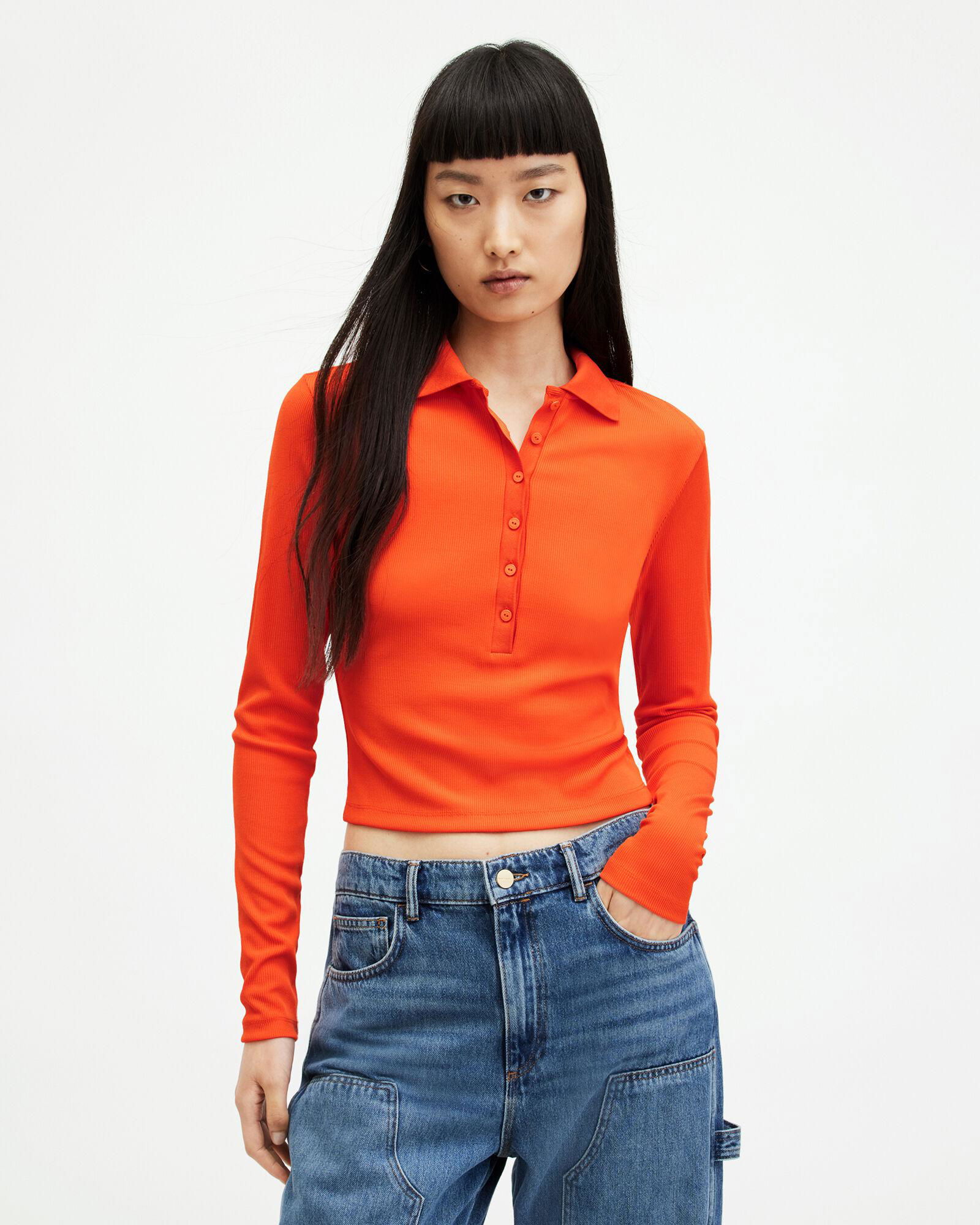 ALLSAINTS Hallie Long Sleeve Ribbed Polo Shirt in ZESTY ORANGE | Endource
