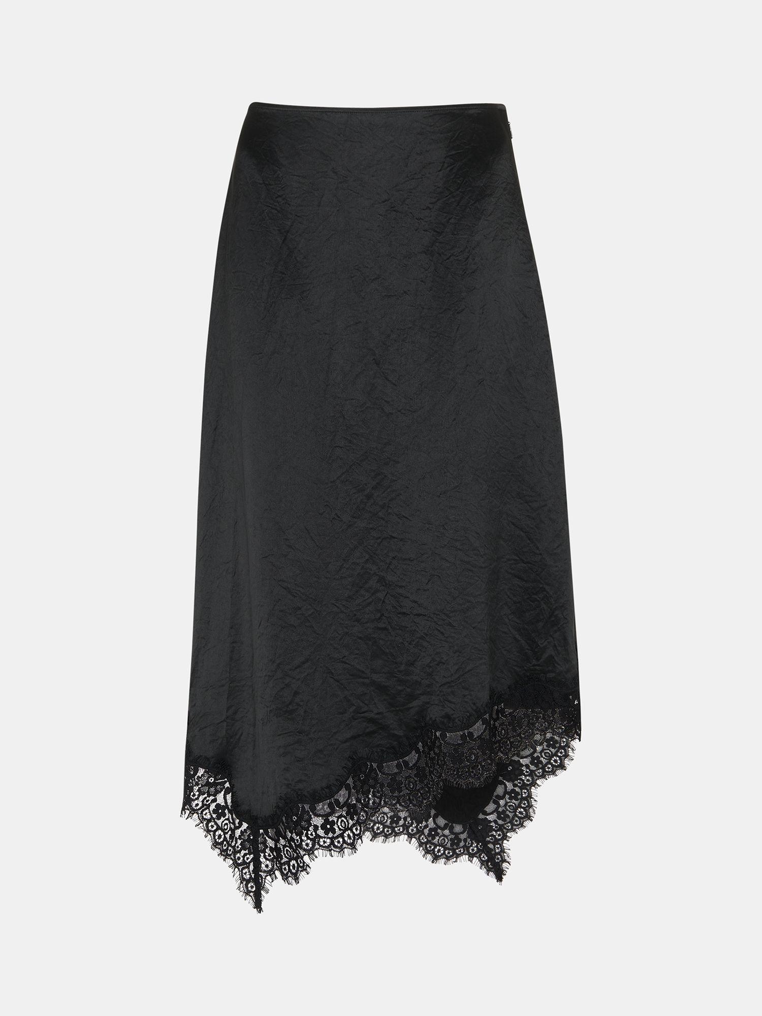 WHISTLES Satin Lace Trim Midi Skirt in Black | Endource