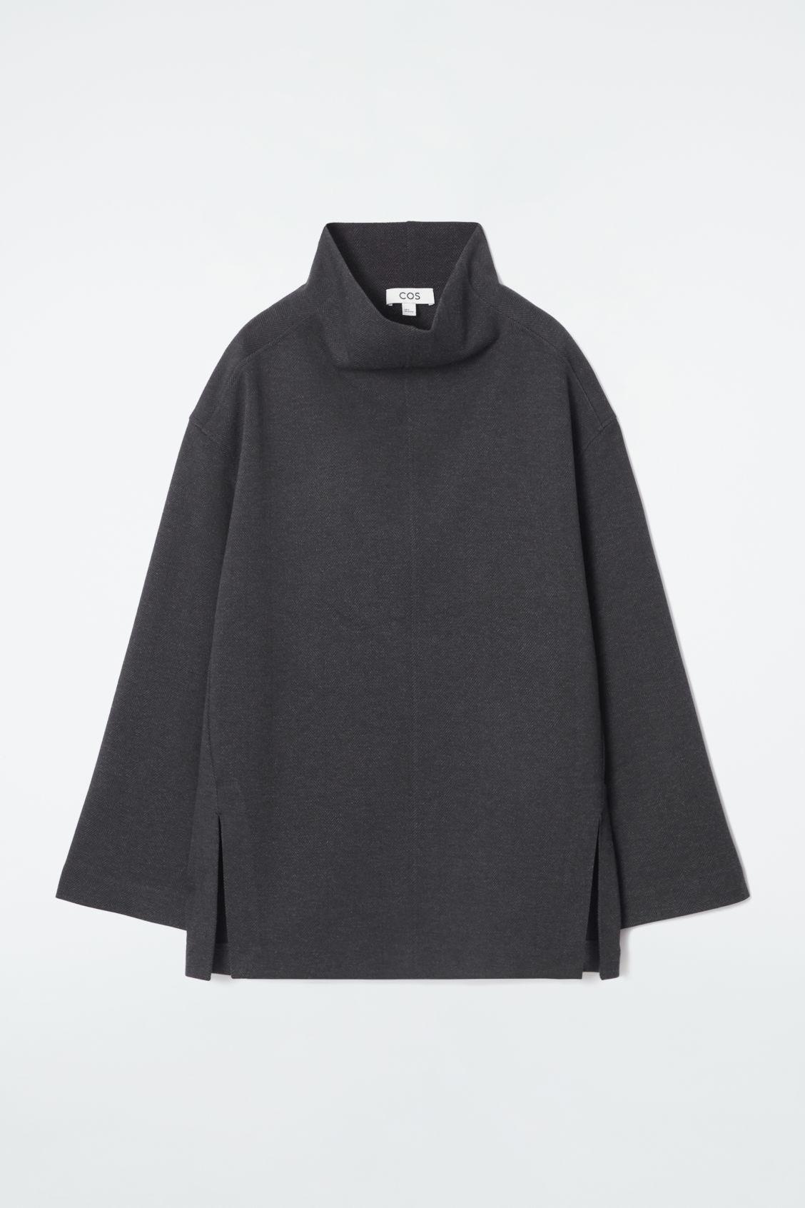 COS Oversized Herringbone Funnel-Neck Top in CHARCOAL / HERRINGBONE ...