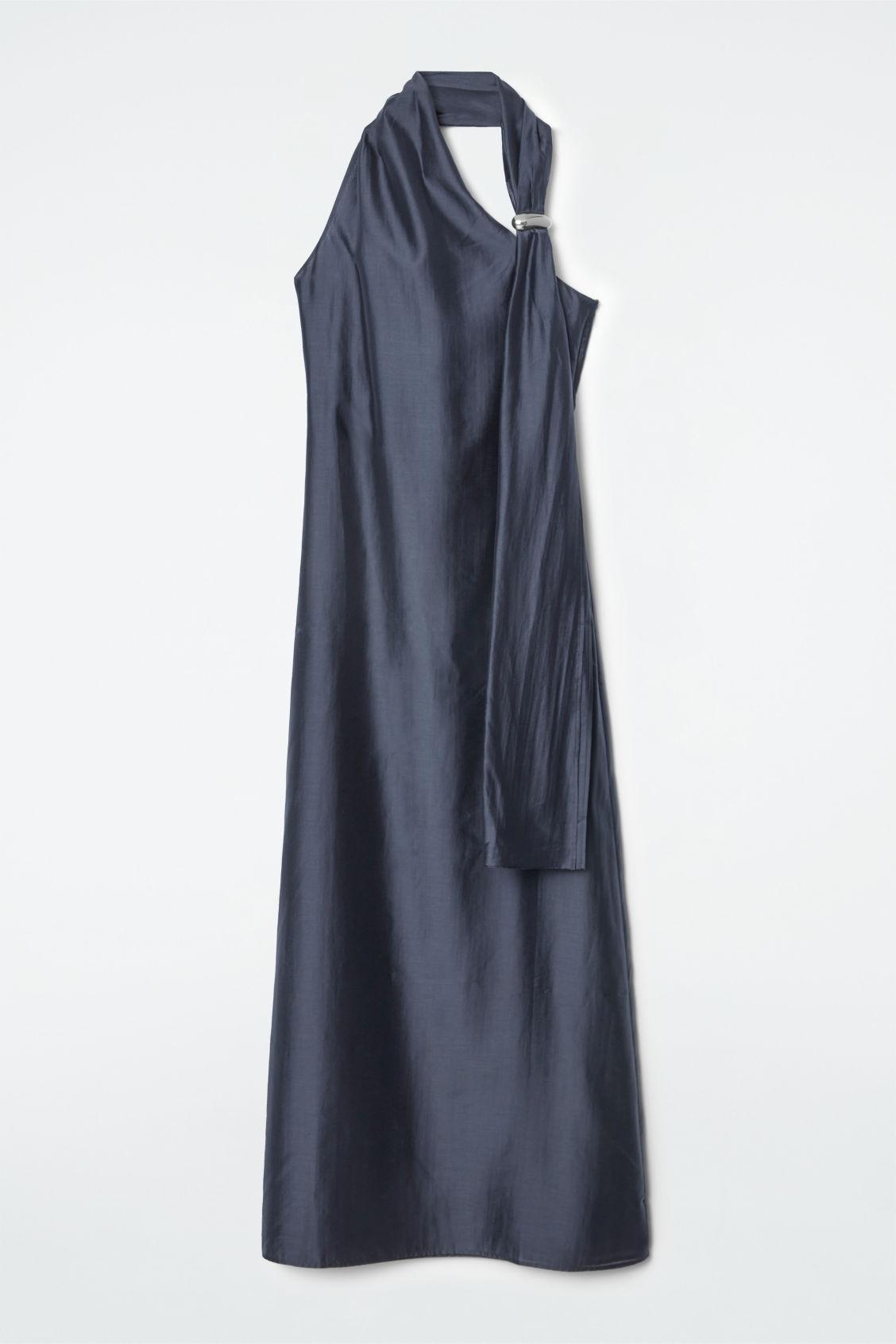 COS Asymmetric Brooch-Detail Maxi Dress in DARK BLUE | Endource