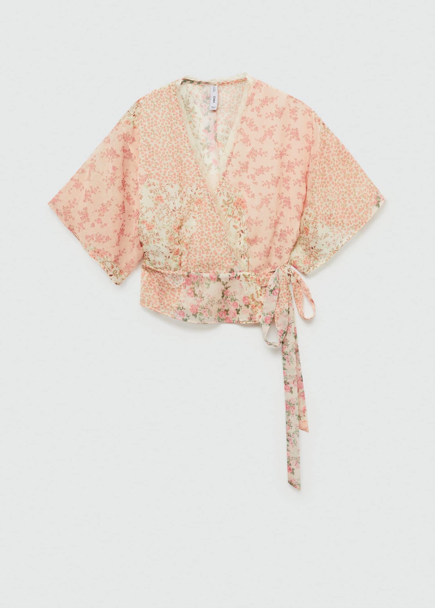 MANGO Floral Print Crossover Blouse in Ecru | Endource