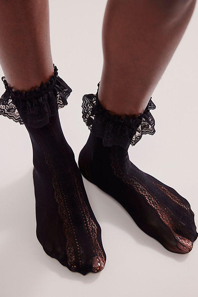 FREE PEOPLE Mini Bow Sheer Ruffle Crew Socks in Black | endource