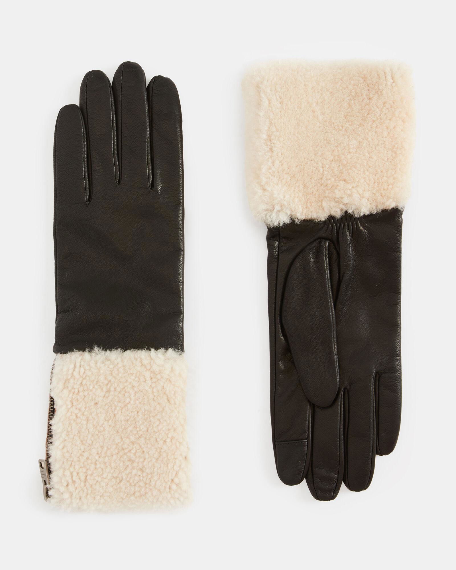 ALLSAINTS Sasha Leather Faux Shearling Trim Gloves in BLACK/ECRU WHITE | endource