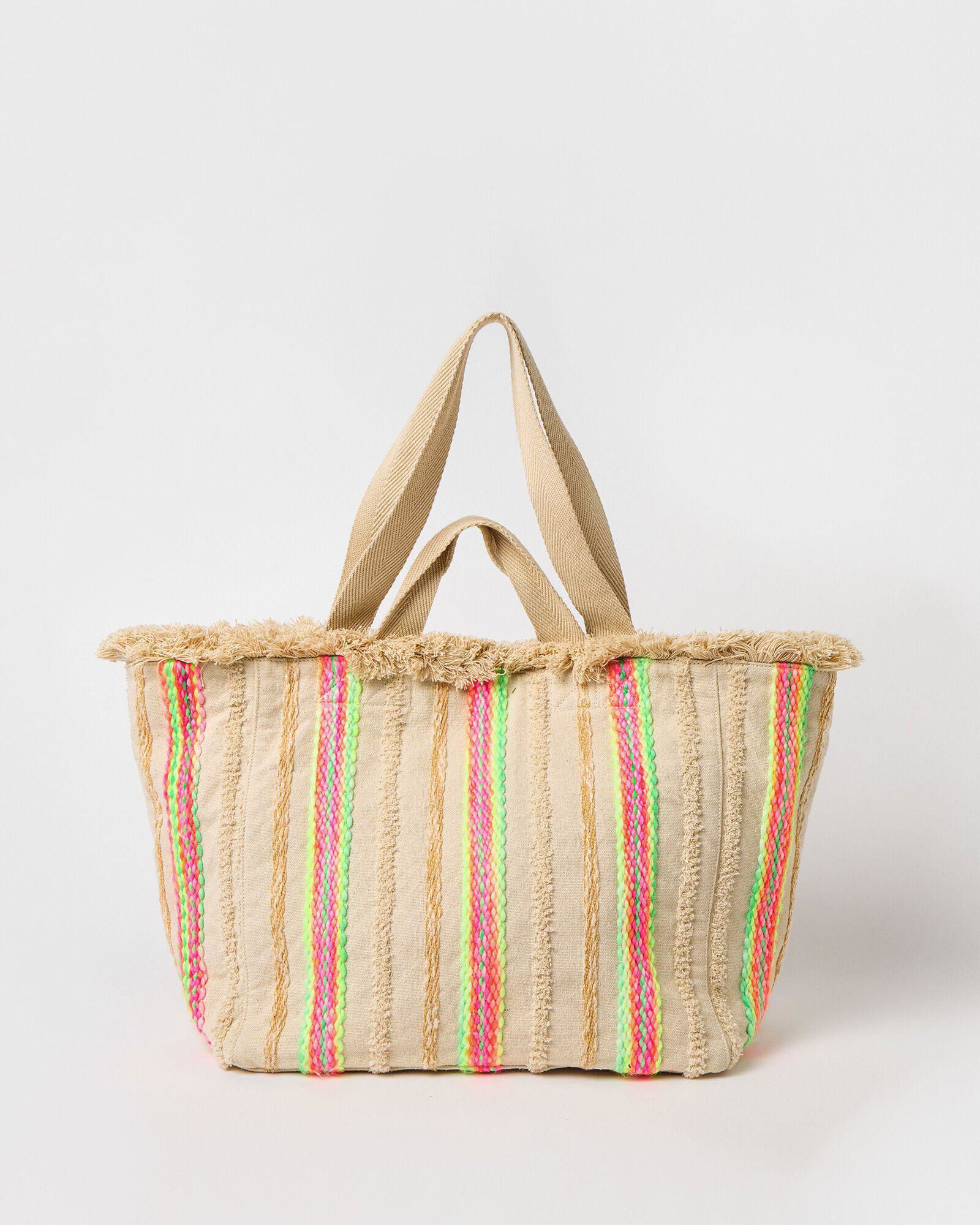 OLIVER BONAS Neon Stripe Frayed Cotton Beach Bag in Brown | Endource
