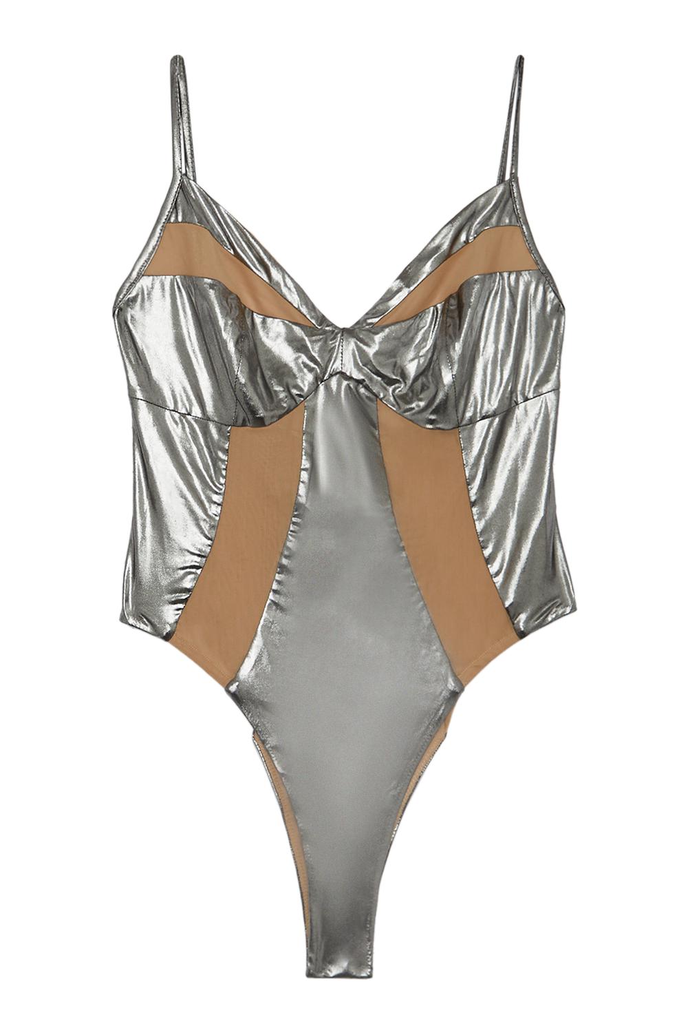 KAREN MILLEN Metallic Mesh Detail Low Back High Leg Swimsuit in Silver ...