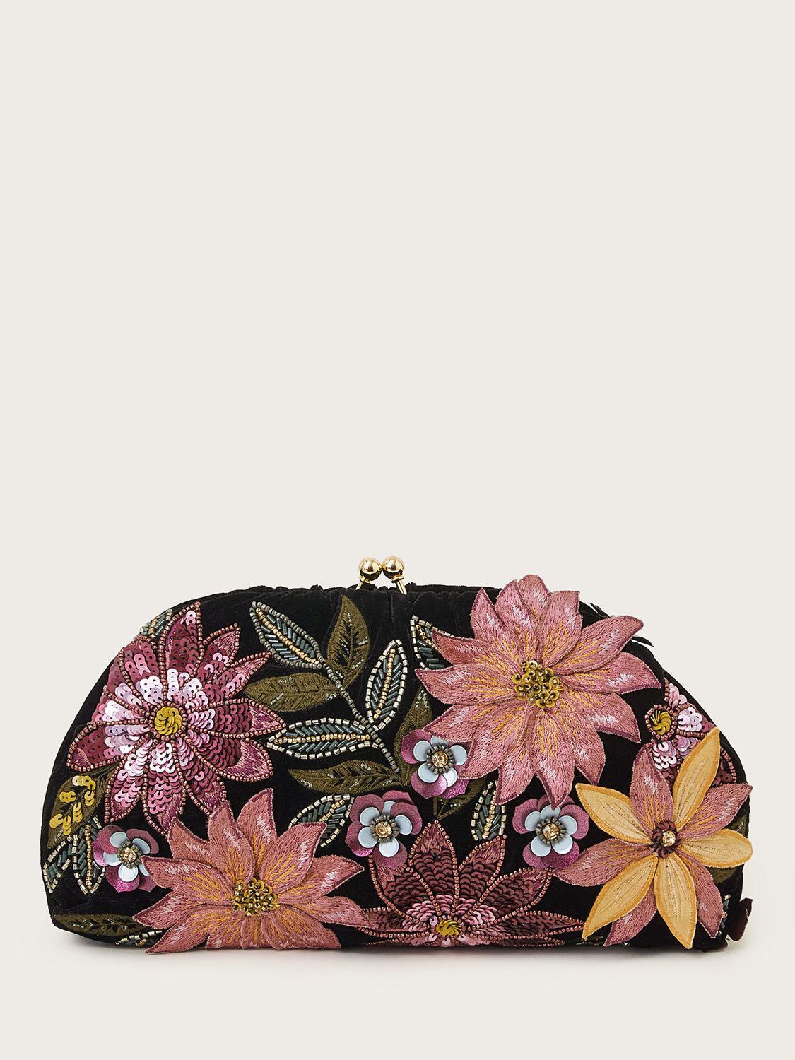 Monsoon Floral Embellished Clutch Bag in Black/Multi | Endource