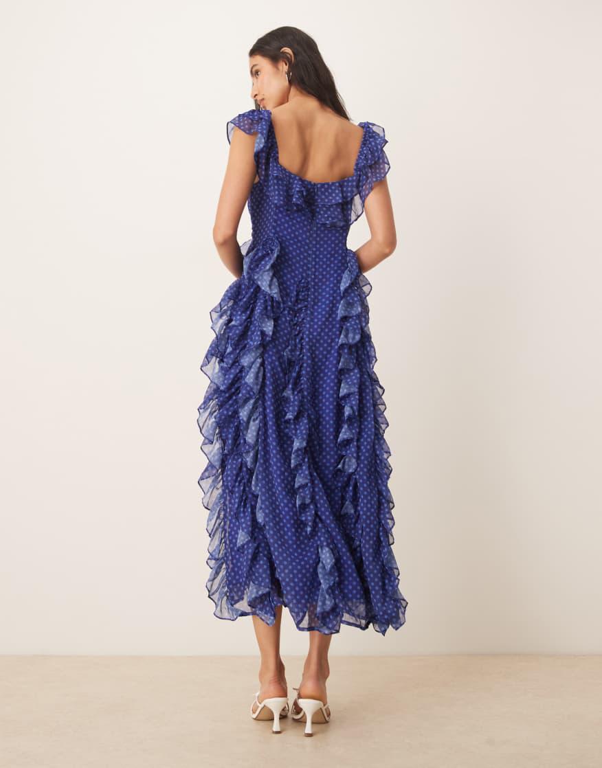 SISTER JANE Aster Flounce Maxi Dress In Blue Polkadot | endource