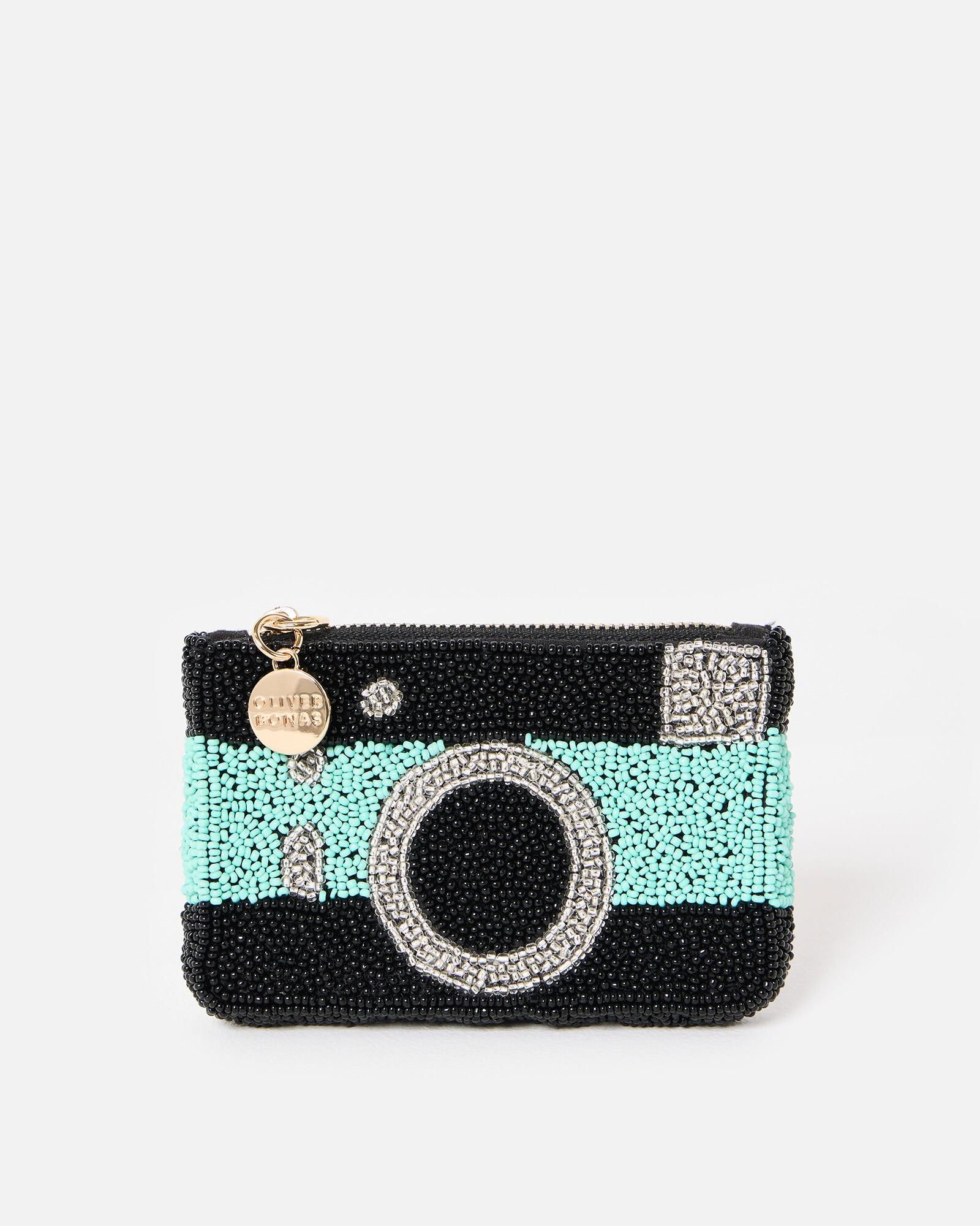 OLIVER BONAS Camera Beaded Zipped Pouch in Green | endource