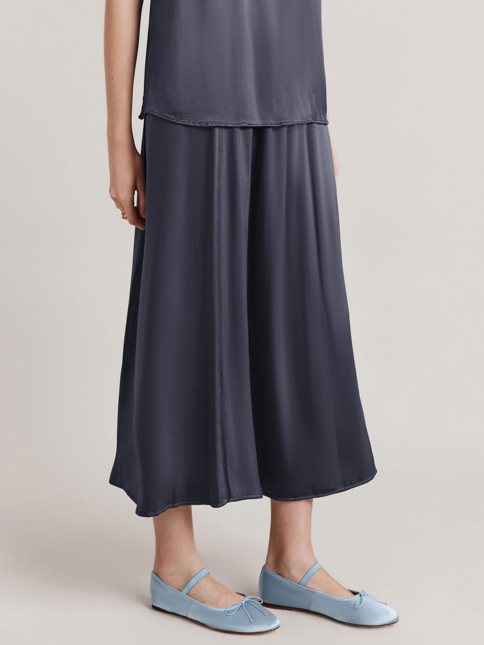 GHOST Aleya Faux Wrap Satin Midi Skirt in Light Putty | endource