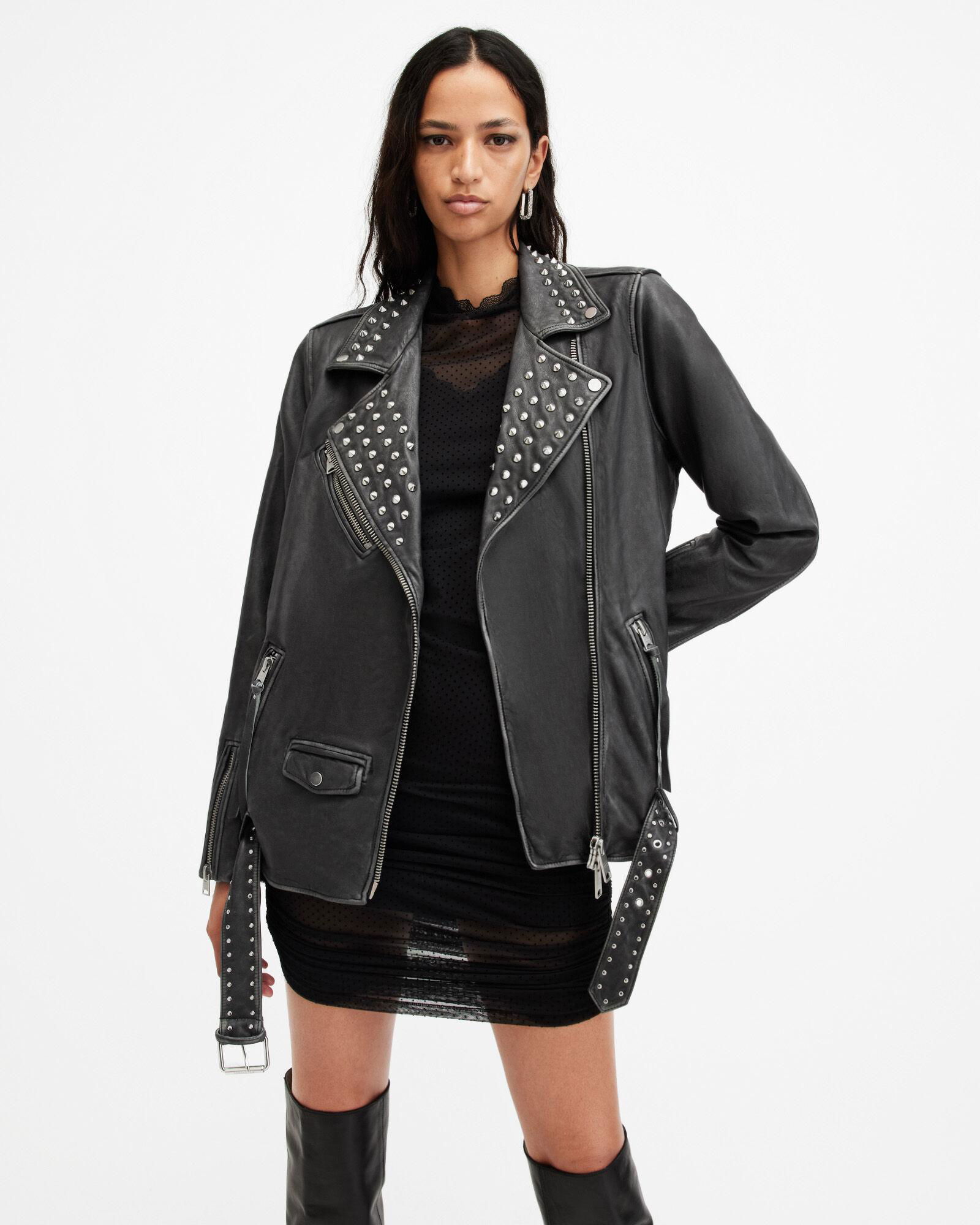 ALLSAINTS Billie Leather Conical Studded Jacket in Black/Grey | endource