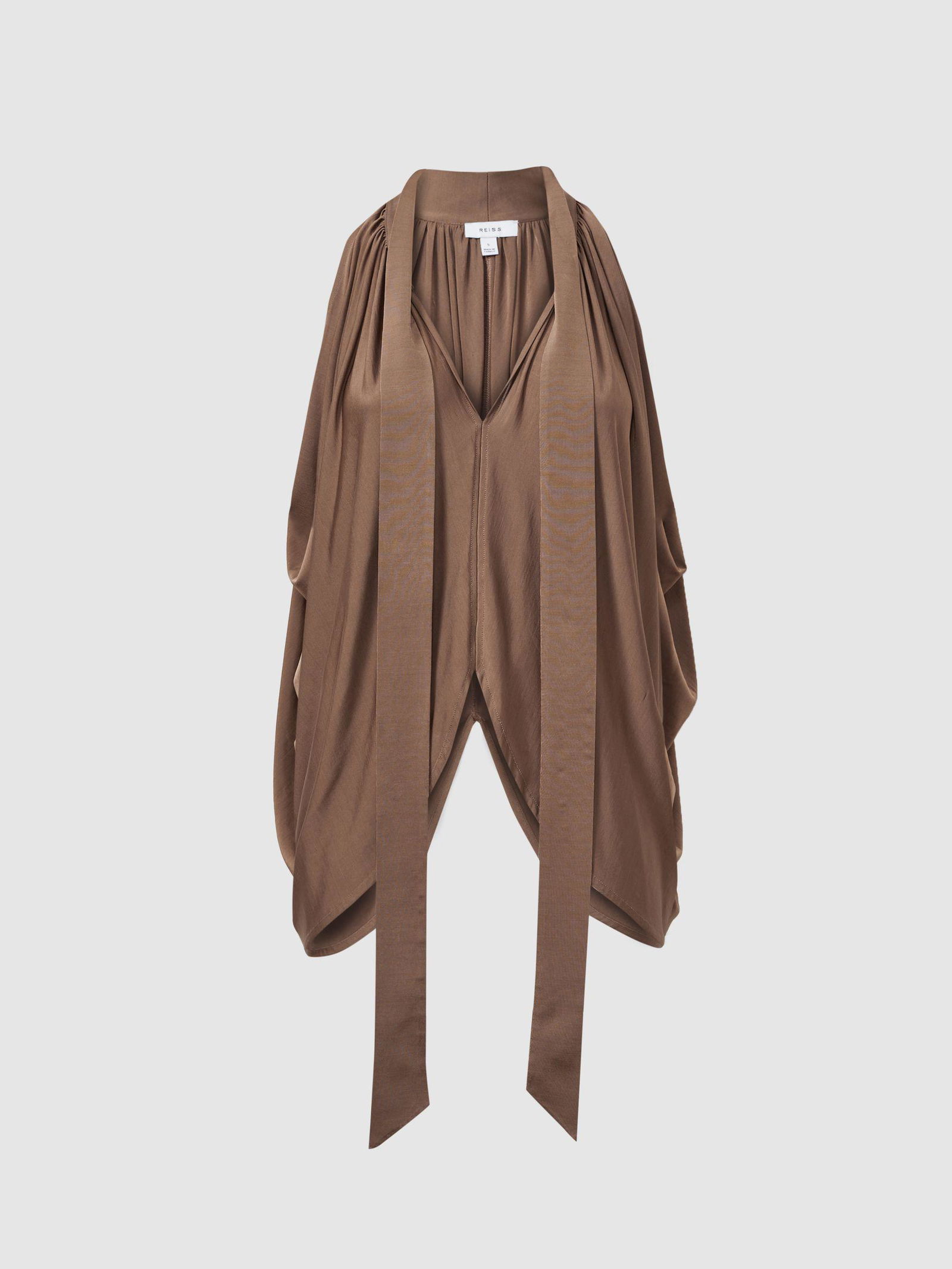 REISS Draped Tie Neck Top in Dark Mink | Endource