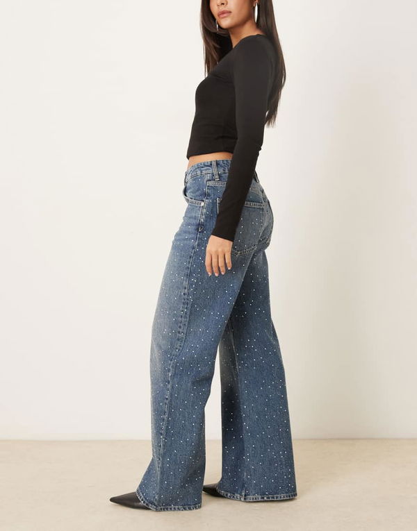 MANGO Caribe 100% Cotton Embellished Wide Leg Jean | endource