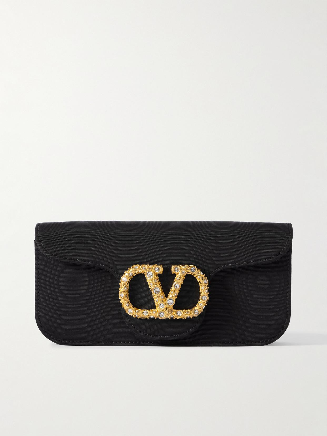 VALENTINO GARAVANI Locò Embellished Moire Clutch in Black | endource