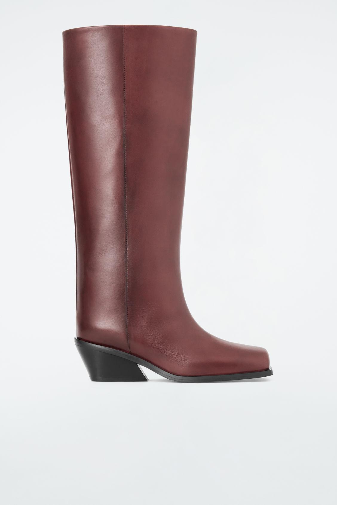 COS Square-Toe Leather Knee-High Boots in BRICK RED | endource