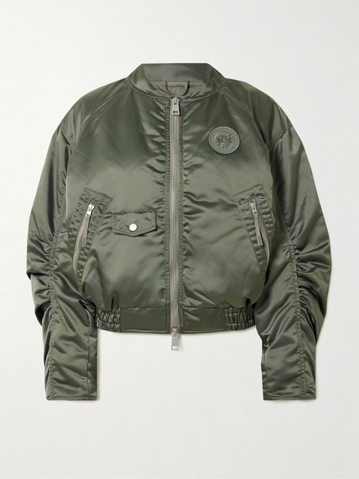CANADA GOOSE Jade Appliquéd Ruched Padded Satin Bomber Jacket | endource