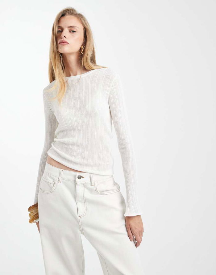 MANGO Teen Lightweight Knitted Top With Flared Sleeves In White | endource