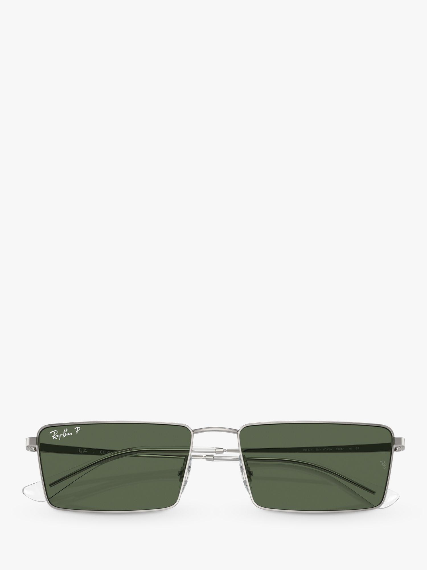 RAY-BAN RB3741 Unisex Polarised Rectangular Sunglasses in Silver/Green ...