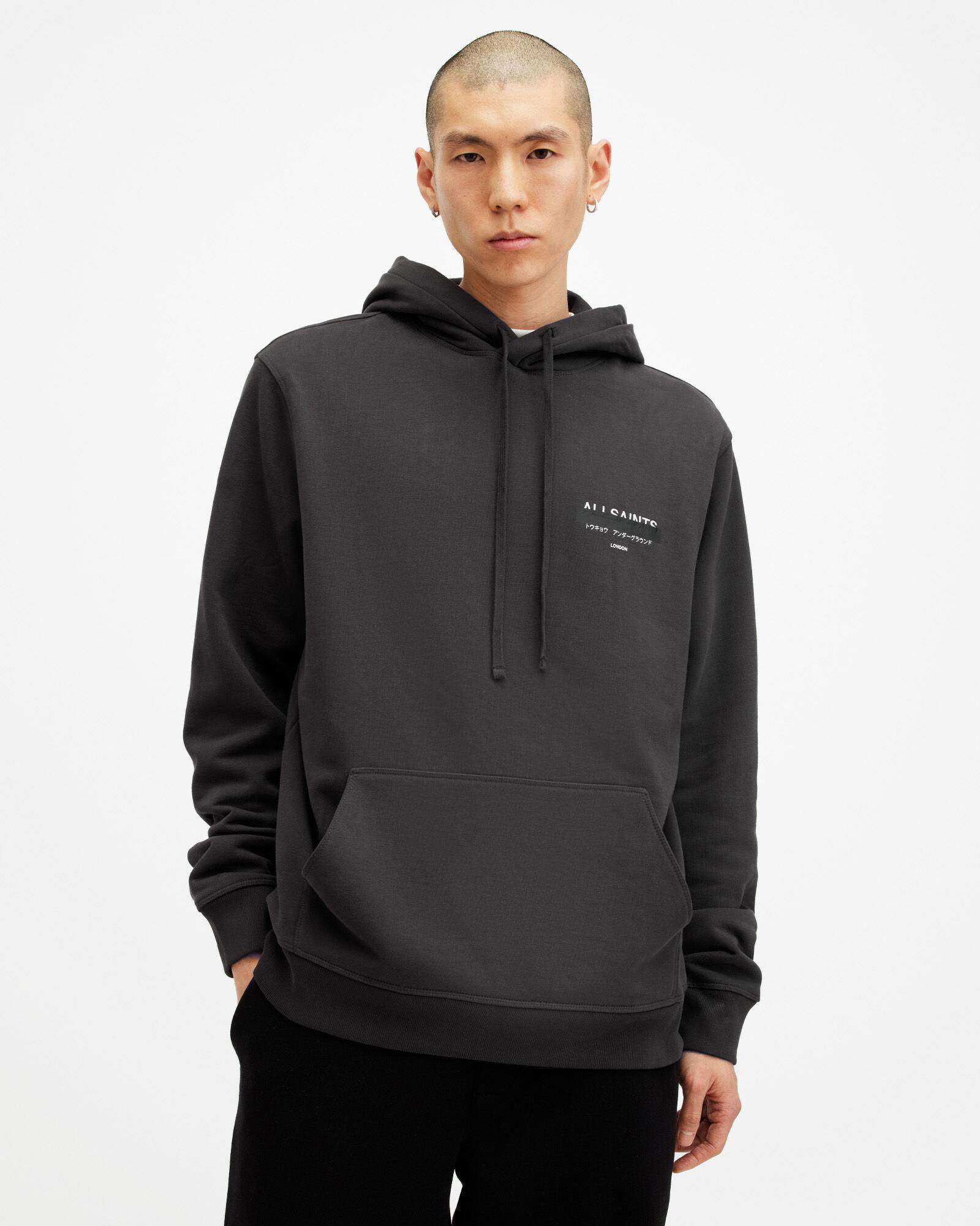 ALLSAINTS Redact Pullover Embroidered Logo Hoodie in Washed Black ...