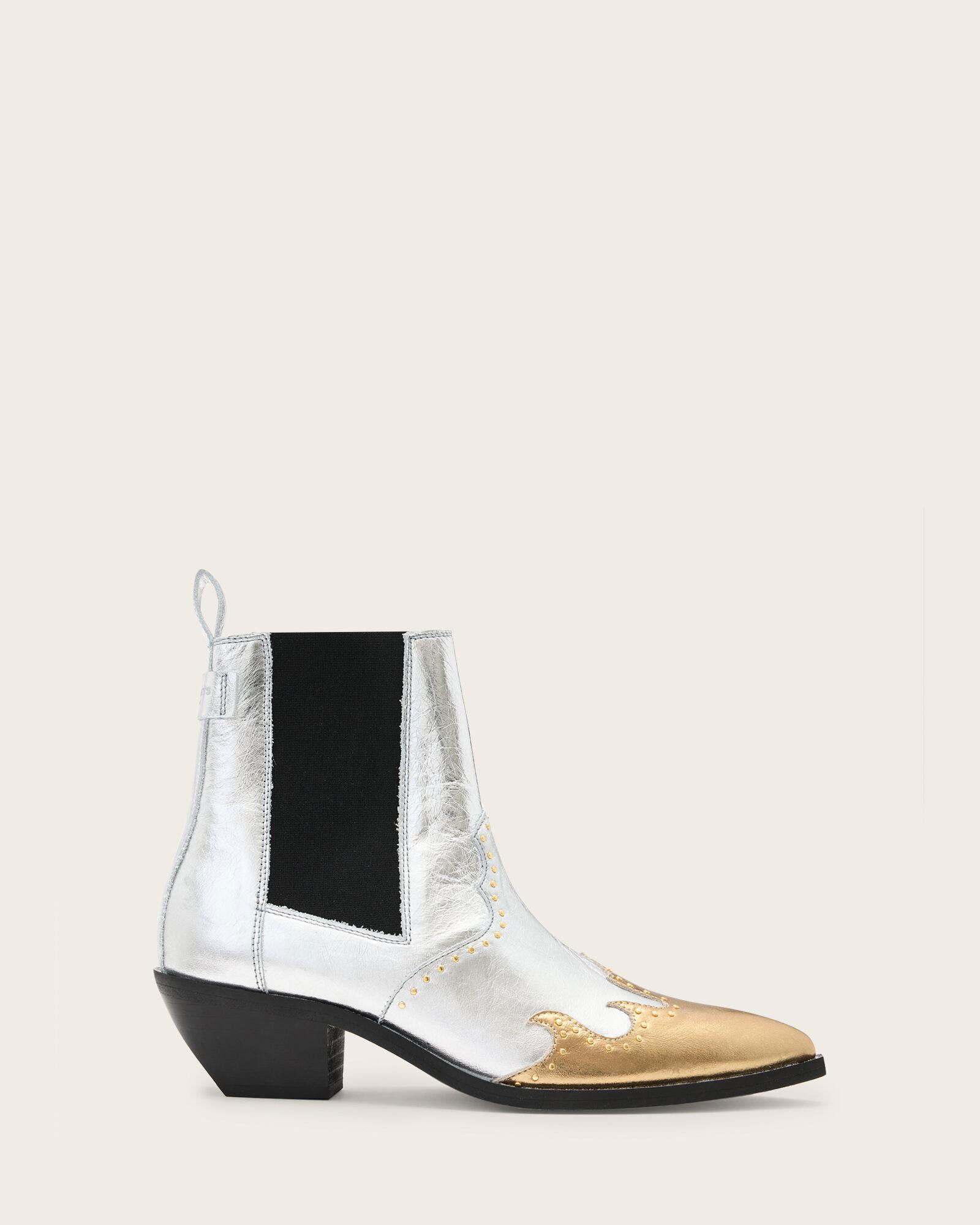 ALLSAINTS Denver Studded Leather Western Boots in Silver/Gold | endource