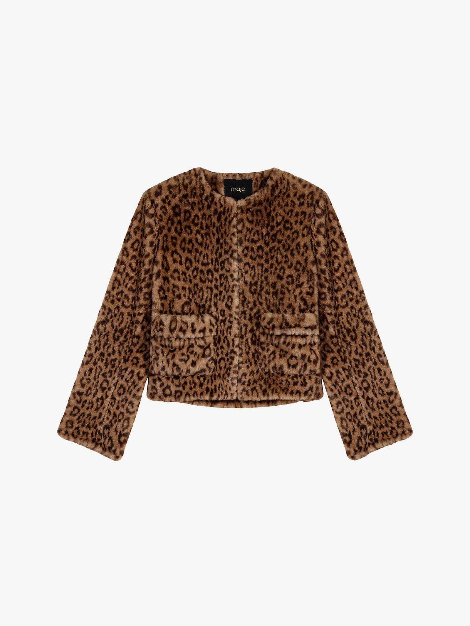 MAJE Leopard-Print Round-Neck Faux-Fur Jacket in MARRON/BROWN | endource