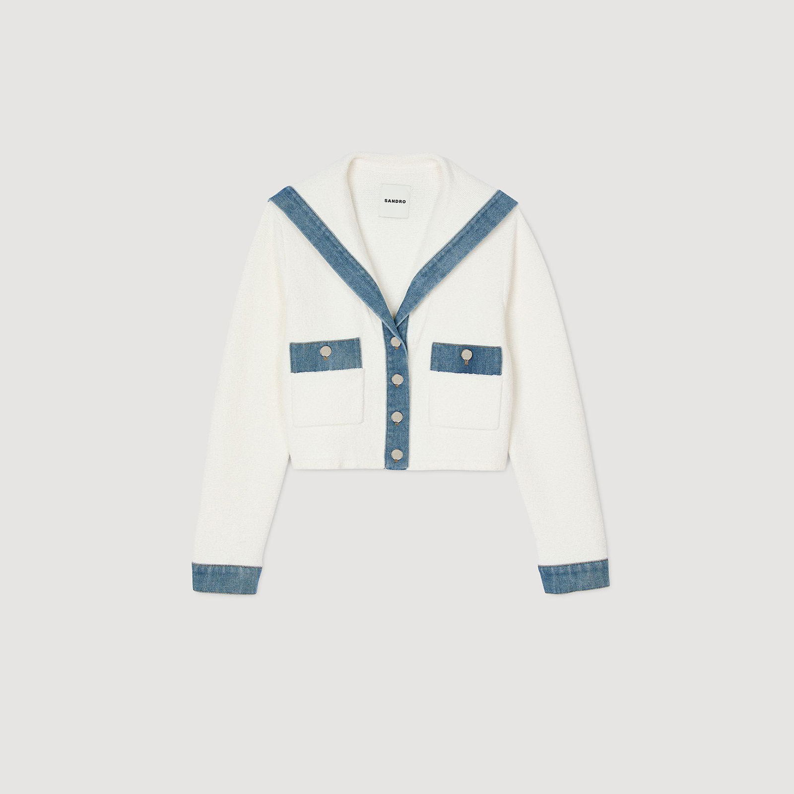 SANDRO Cardigan With Denim Details in Ecru | endource