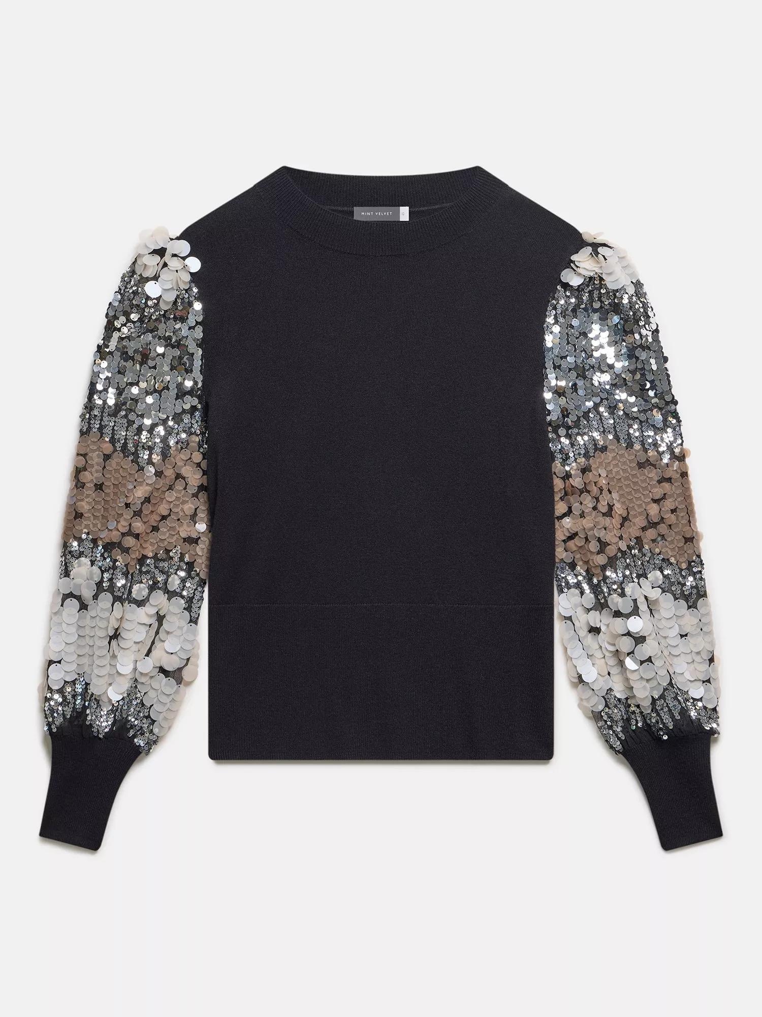 MINT VELVET Sequin Sleeve Jumper in Black | endource