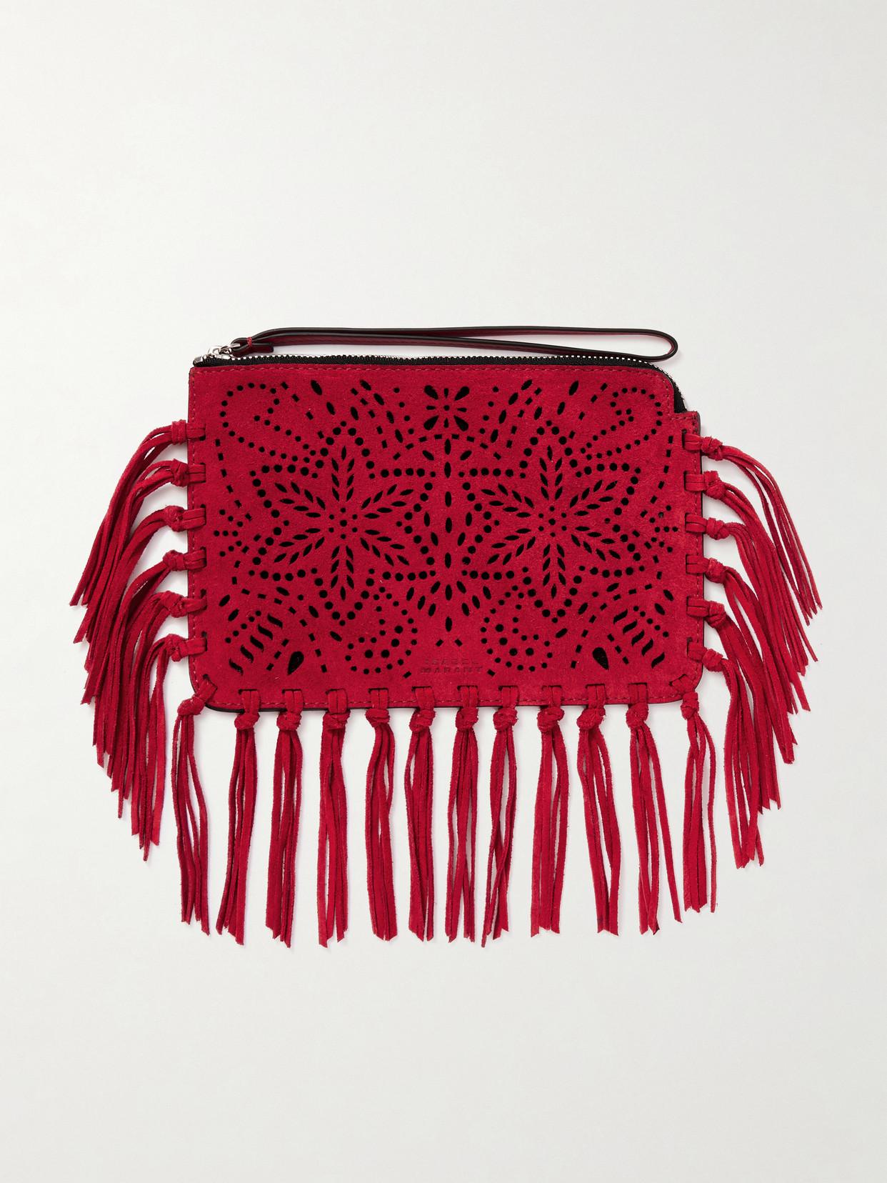 ISABEL MARANT Fringed Perforated Suede Clutch in Red | endource