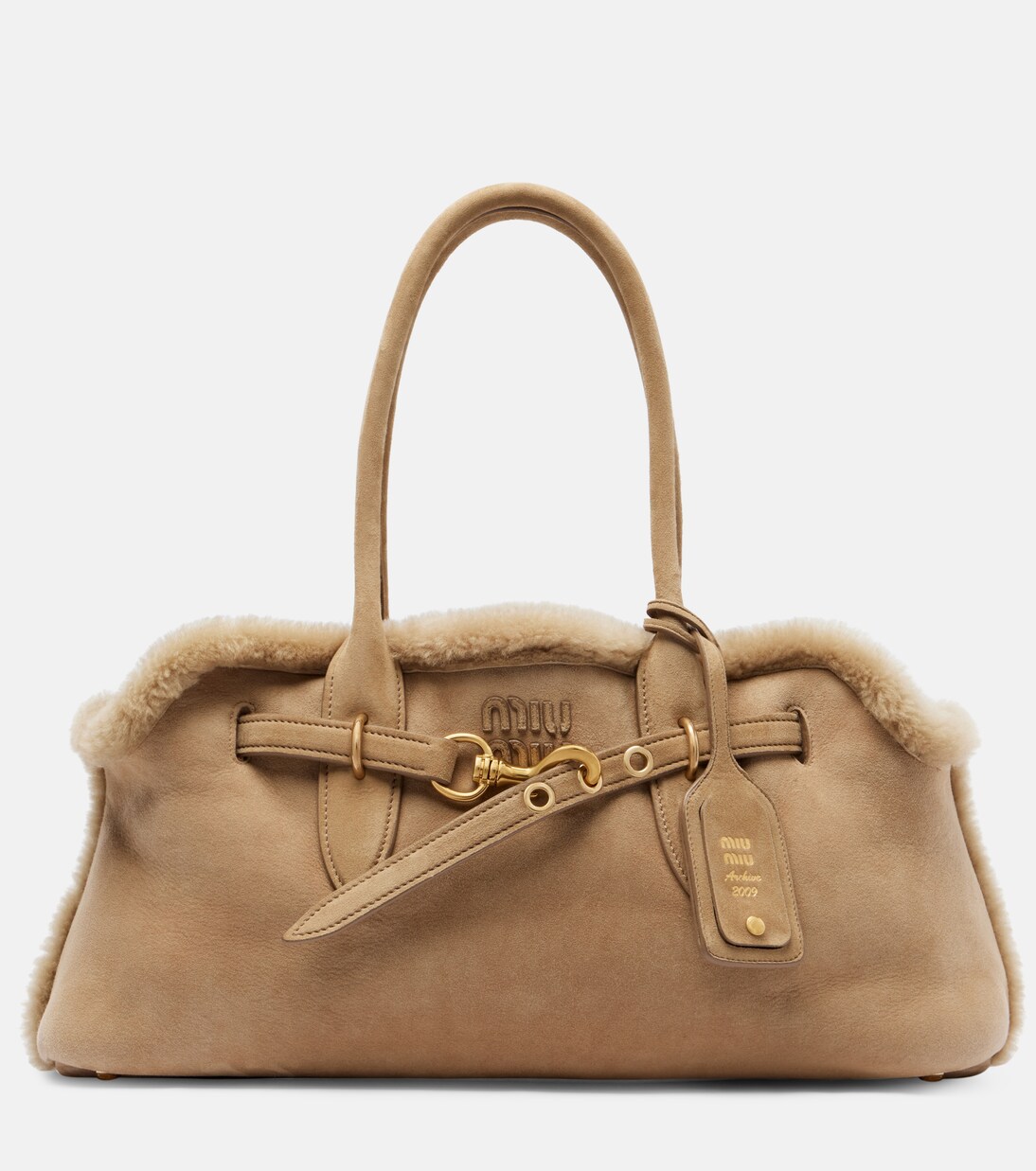 MIU MIU Adventure Shearling-Lined Suede Tote Bag | endource