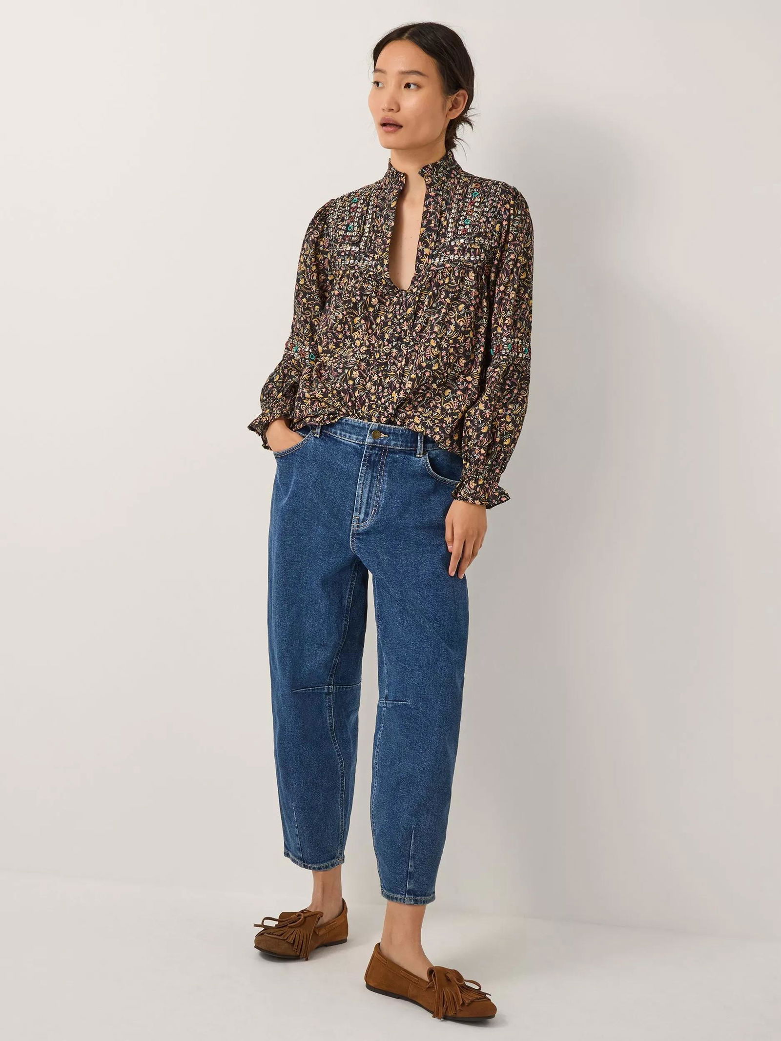 Monsoon Harriet Floral Frill Blouse, Black/Multi | endource
