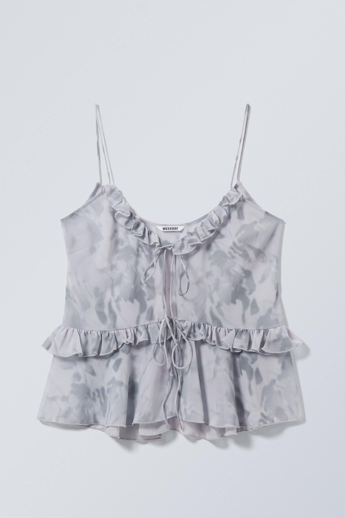 WEEKDAY Frilled Strap Top in Dusty Grey - Clouded Marble | endource
