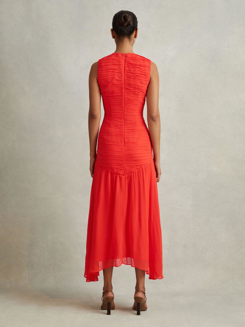 Reiss Saffy Ruched Bodycon Midi Dress In Coral | Endource
