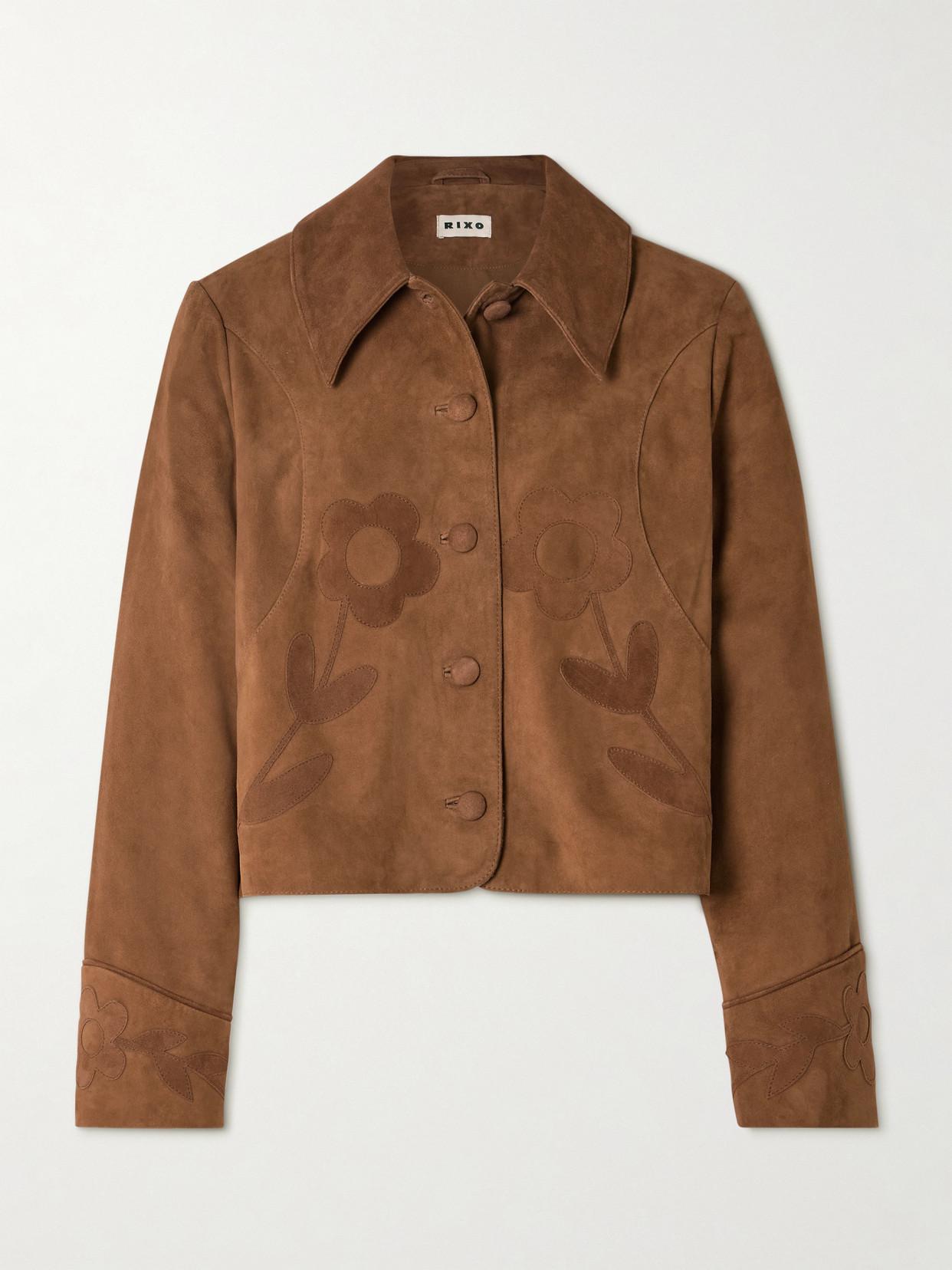 RIXO Dionne Appliquéd Suede Jacket in Brown | endource