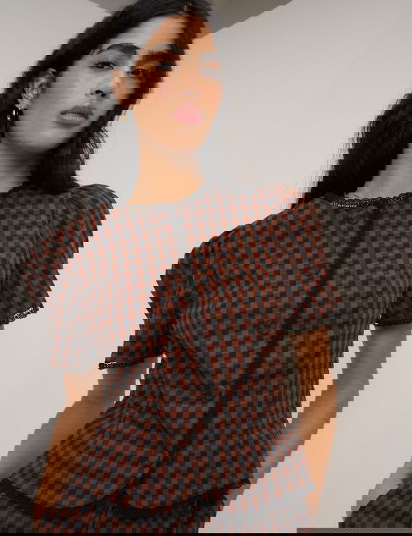 NOBODY'S CHILD Brown Gingham Puff Sleeve Tailored Top | endource