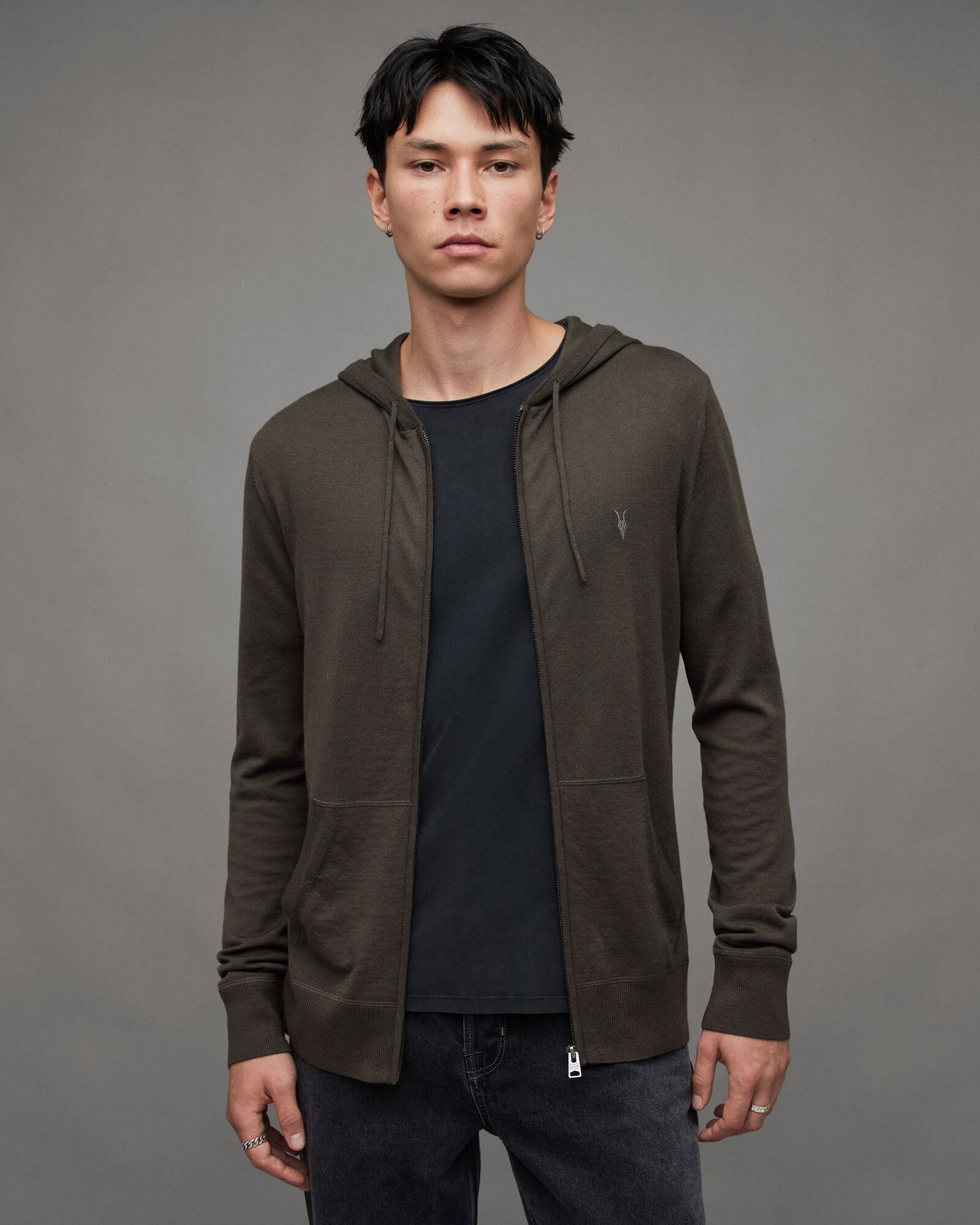 ALLSAINTS Mode Merino Zip Up Ramskull Hoodie in Dark Ivy Green | endource