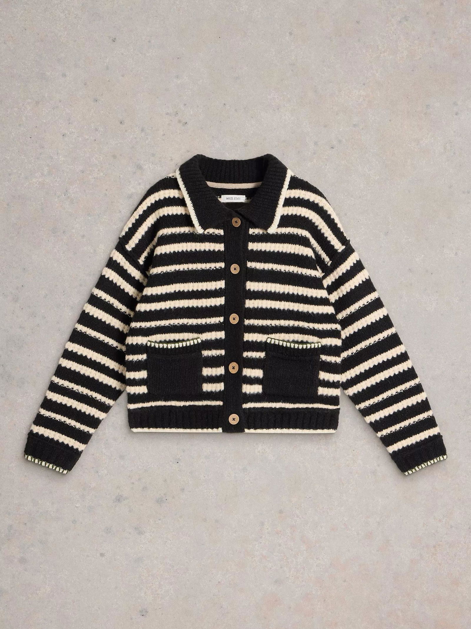 WHITE STUFF Tyler Stripe Thick Wool Blend Cardigan in Black/Cream ...