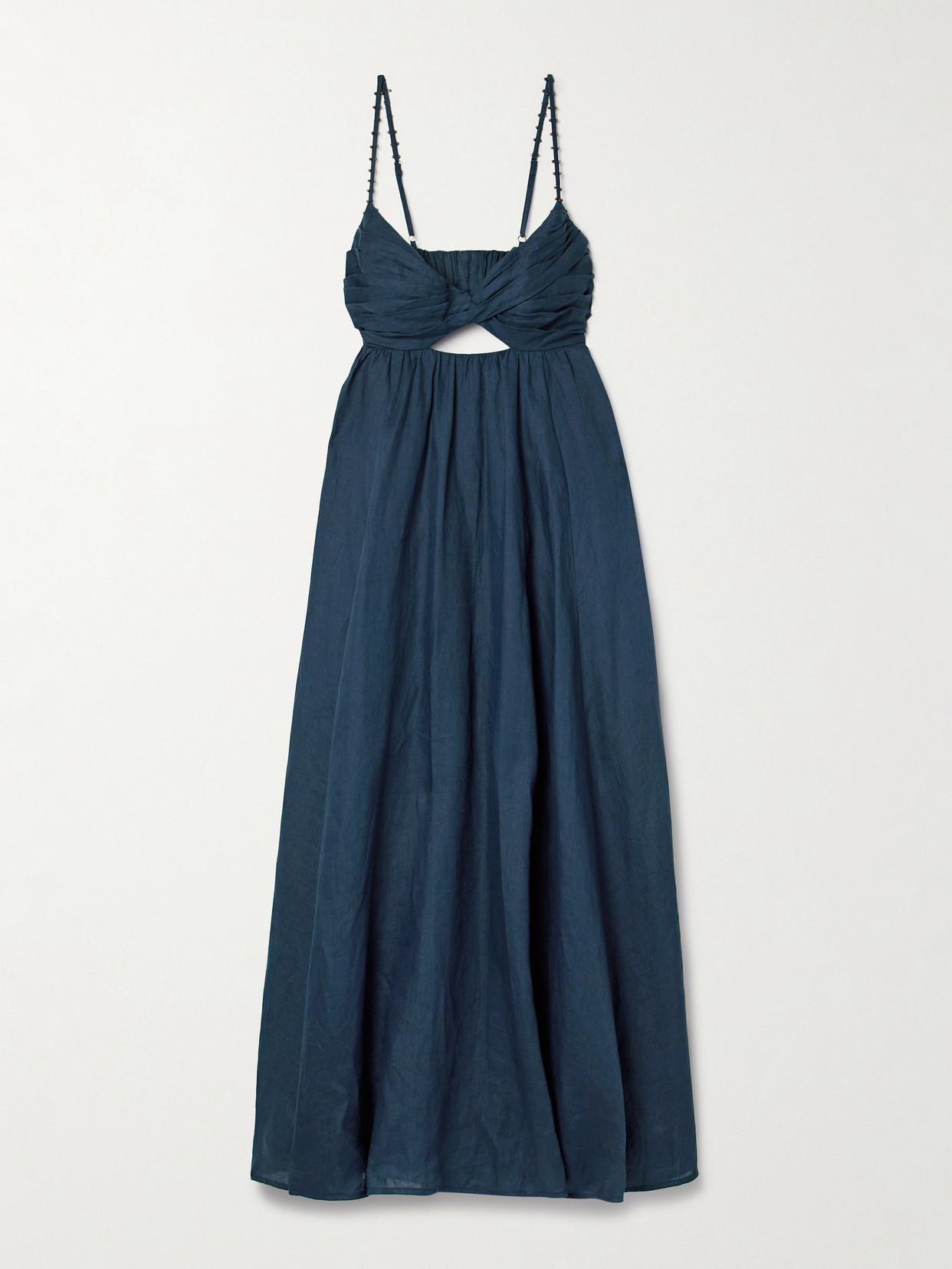 ZIMMERMANN Ascension Bead-Embellished Cutout Pleated Linen Midi Dress in Blue | endource