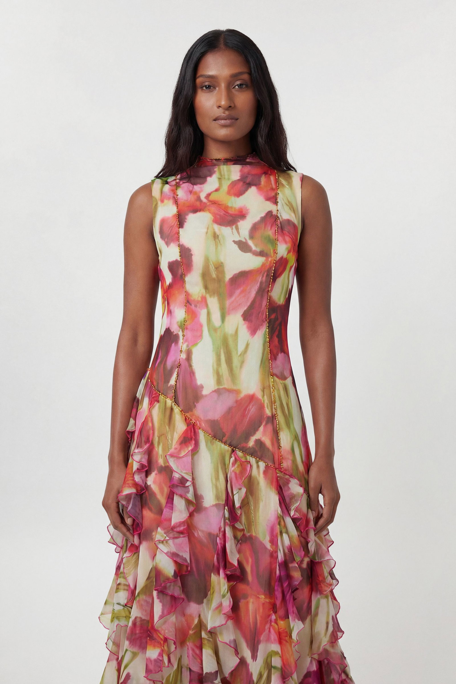 KAREN MILLEN Crinkle Floral Print Beaded High Neck Maxi Dress | endource