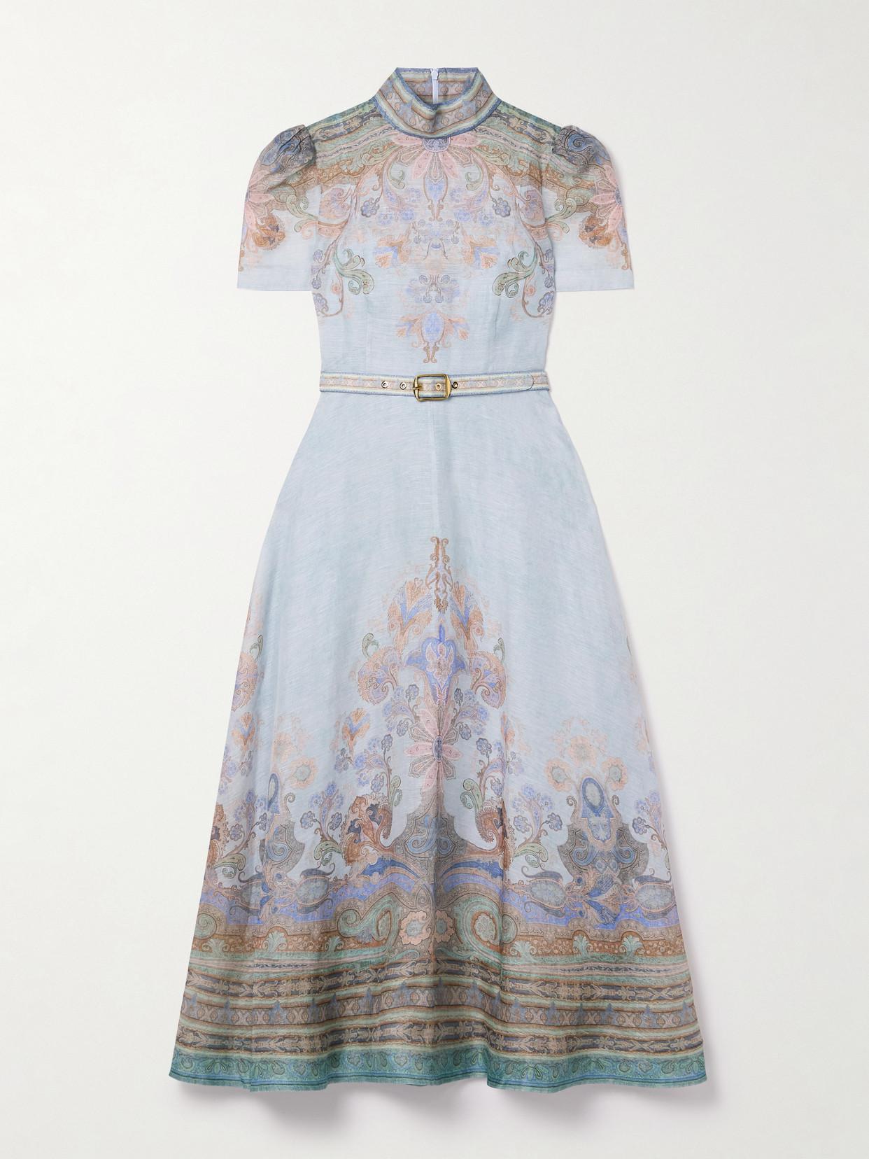 ZIMMERMANN Eden Belted Printed Linen And Silk-Blend Midi Dress | endource
