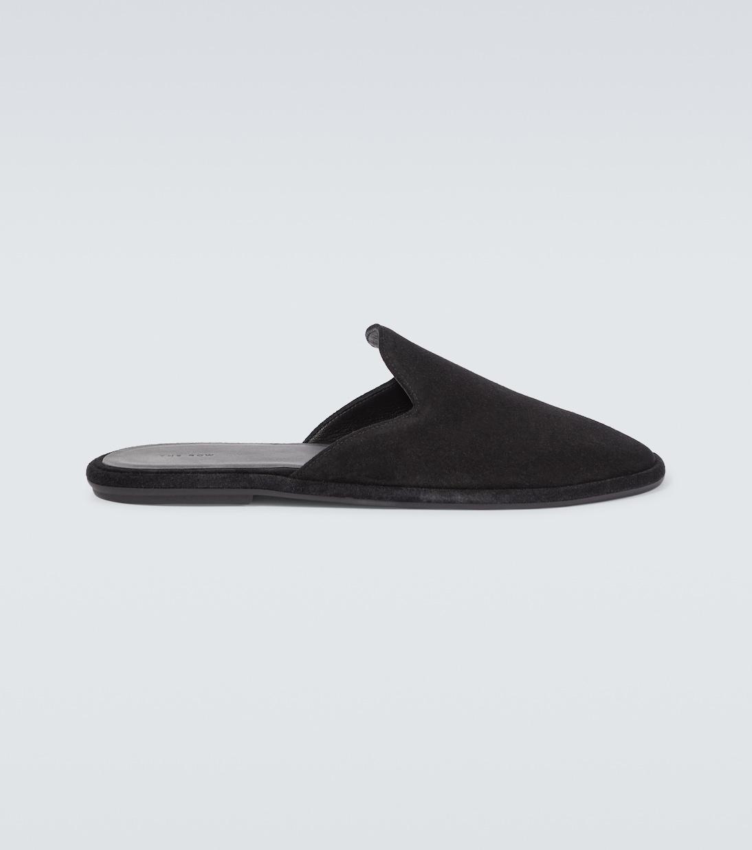 THE ROW Roger Suede Slides in Black | Endource