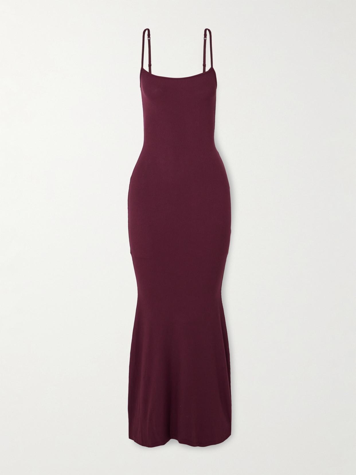 SKIMS Soft Lounge Ribbed Long Stretch-Modal Slip Dress in Burgundy ...