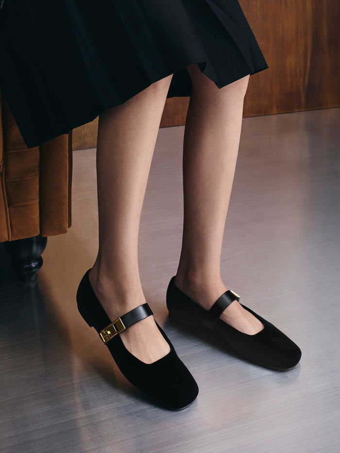 CHARLES & KEITH Lando Velvet Metallic-Buckle Mary Jane Flats | endource
