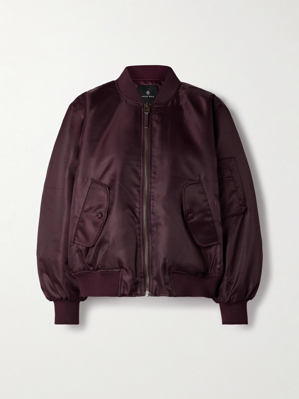 ANINE BING Leon Satin Bomber Jacket in Burgundy | endource