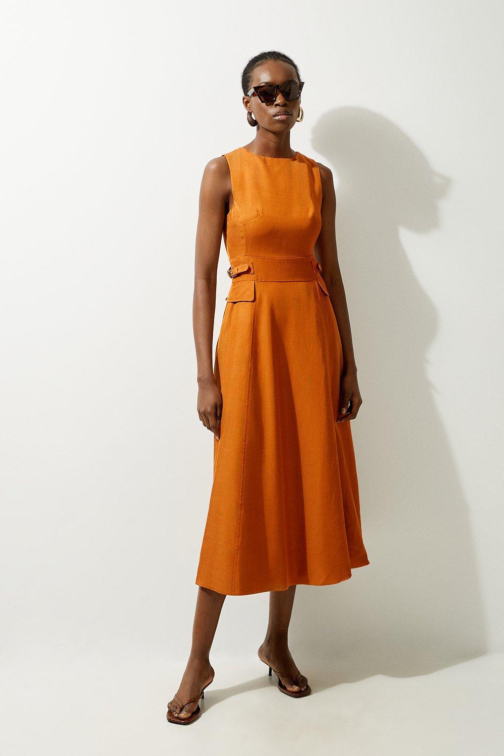 KAREN MILLEN Petite Linen Tab Waist Detail Full Skirt Tailored Midi ...